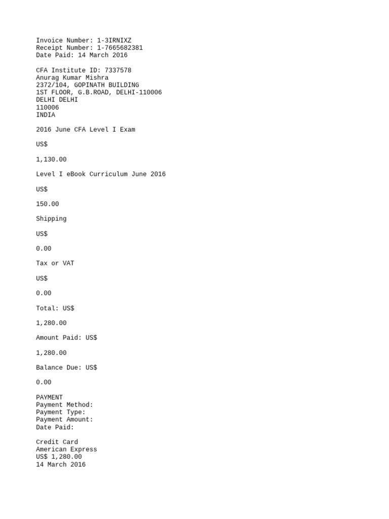 CFA Level I Exam Payment Receipt | PDF