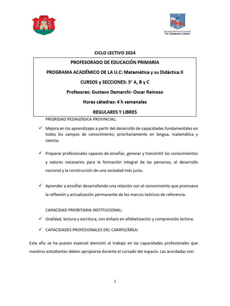 Programa Mate y Su Didáctica II 2024 | PDF | Educación primaria | Enseñando