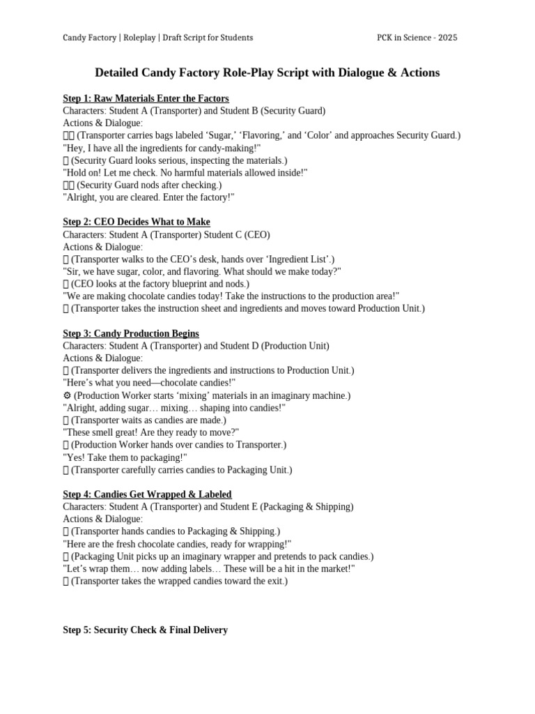 Candy Factory Roleplay Script for Students | PDF | Candy | Sugar