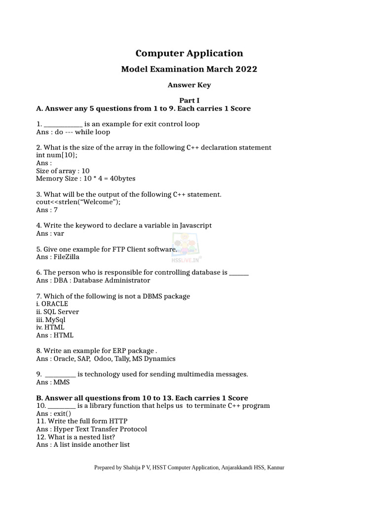 Hsslive Xii Model Exam 2022 Computer App Ca Key Shahija | PDF ...