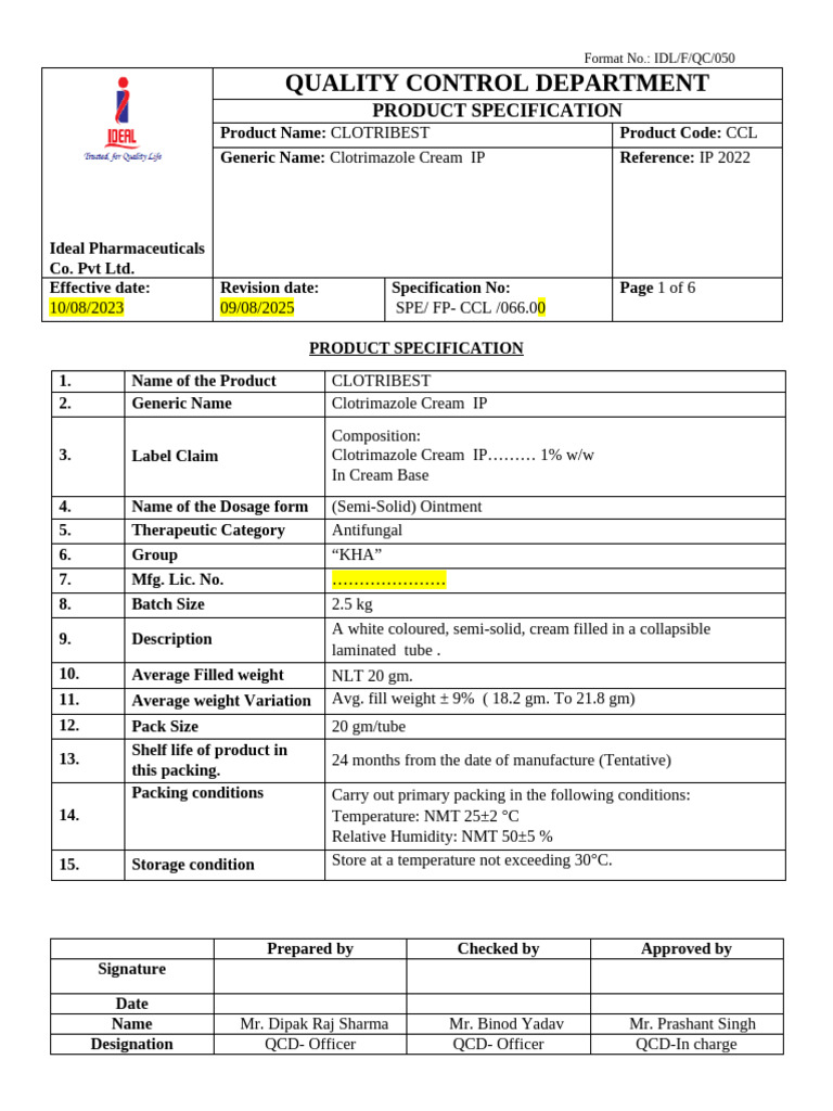 Clotrimazole Cream Product Specification | PDF