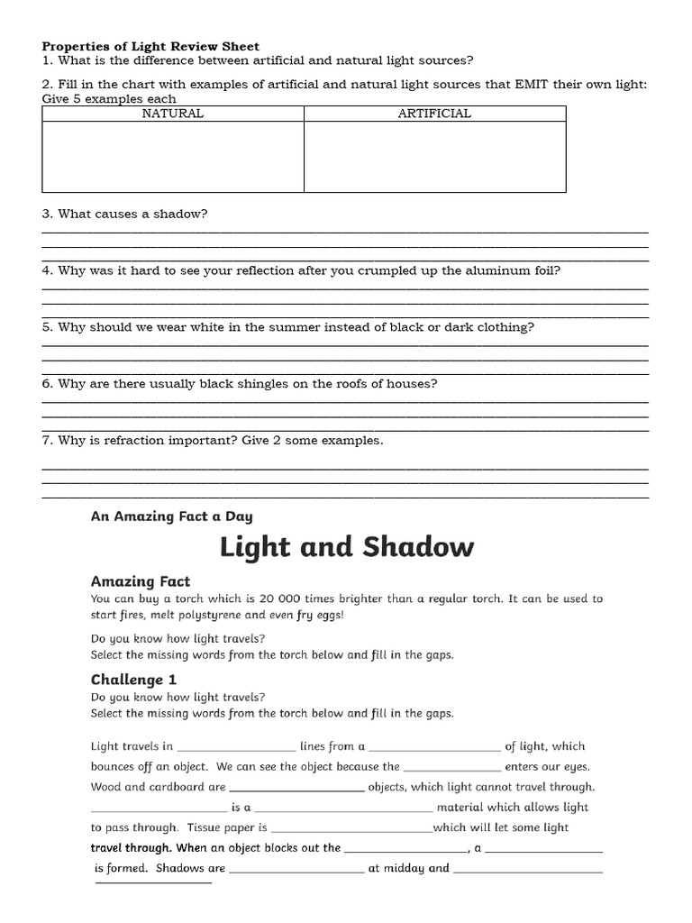 Properties of Light Review Sheet | PDF | Optics | Applied And ...