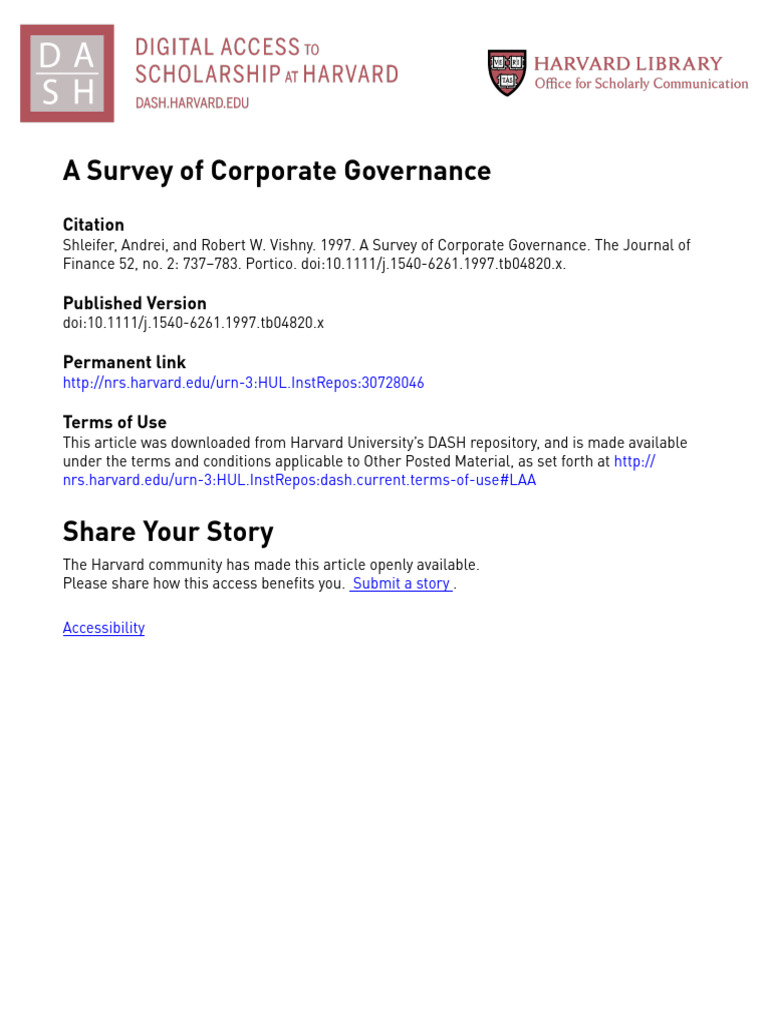 Shleifer和Vishny - 1997 - A Survey of Corporate Governance | PDF