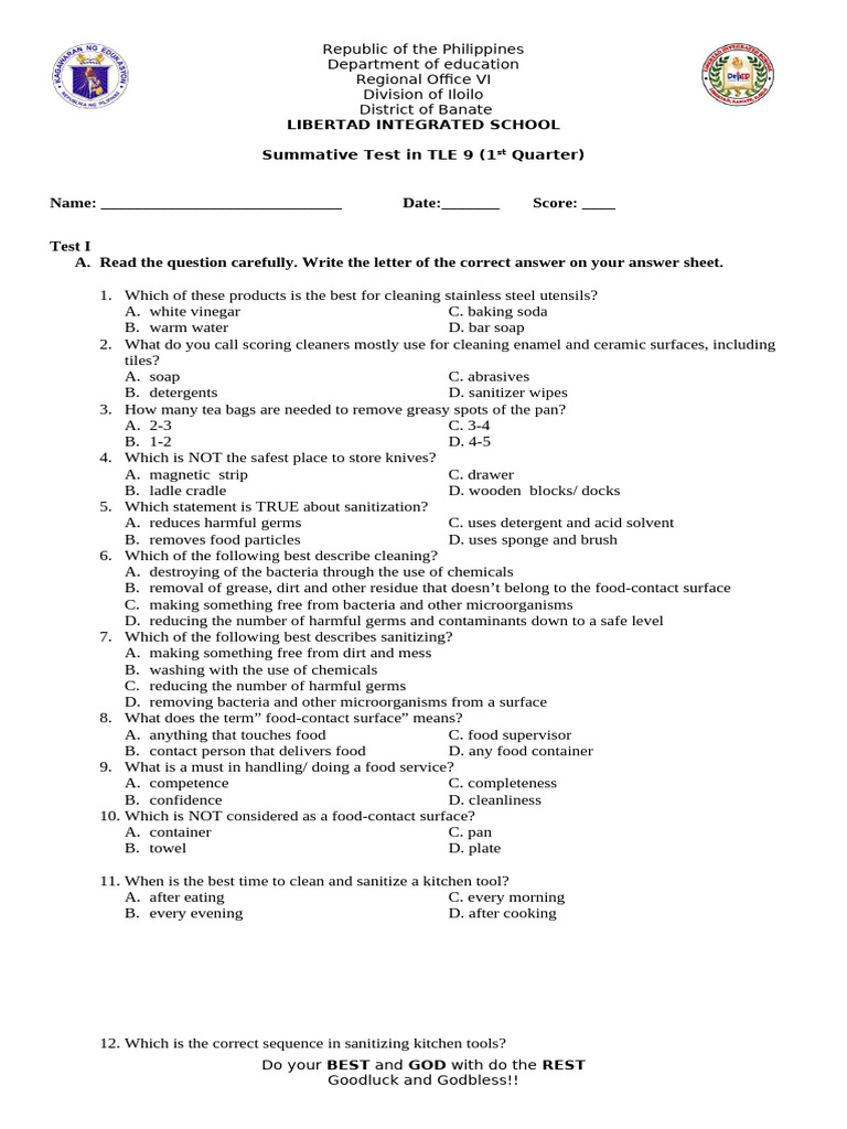 TLE 9 Summative Test: Cleaning & Sanitizing | PDF | Water | Materials