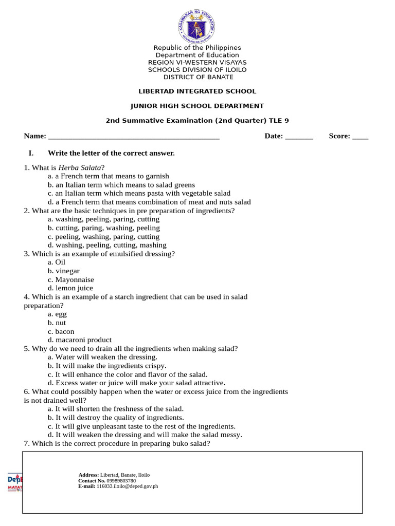 TLE 9 2nd Quarter Exam Review | PDF | Salad | Mayonnaise