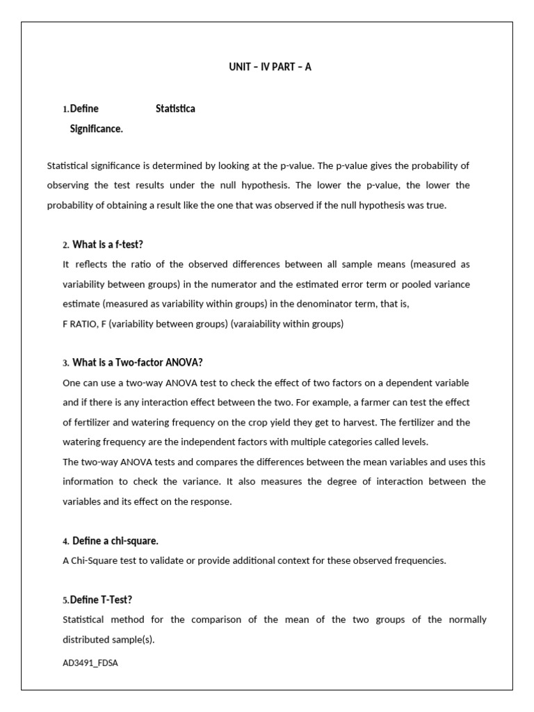 IV AI-DS AD3491 FDSA QB Unit4 | PDF | F Test | Analysis Of Variance