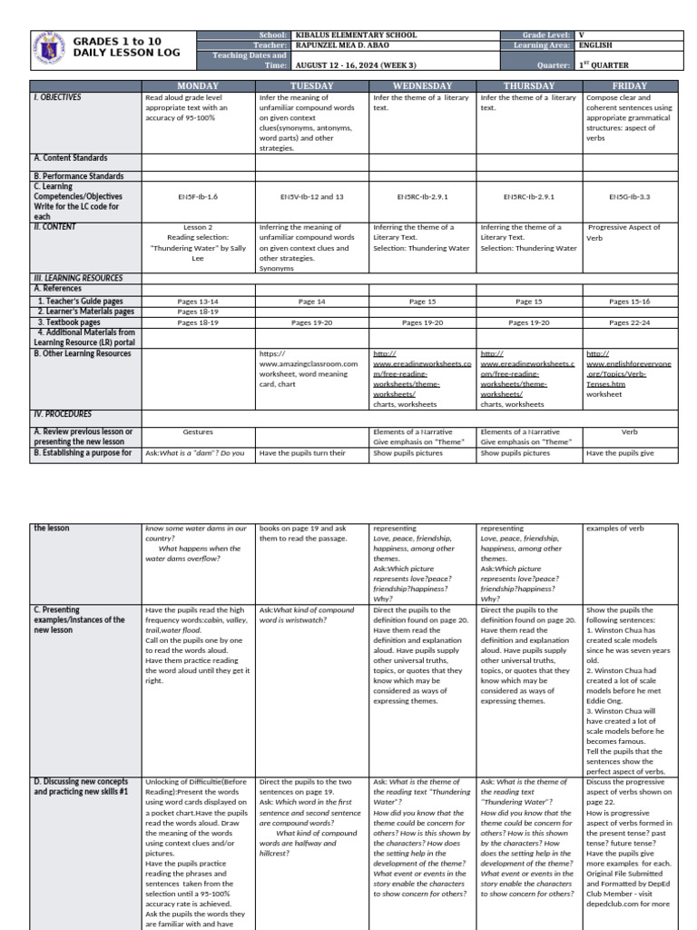 DLL_ENGLISH 5_Q1_W3 | PDF | Grammatical Tense | Reading Comprehension