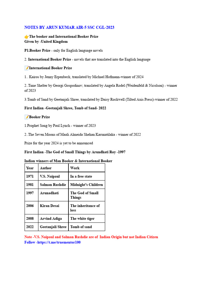 Man Booker Prize and International Booker Prize | PDF