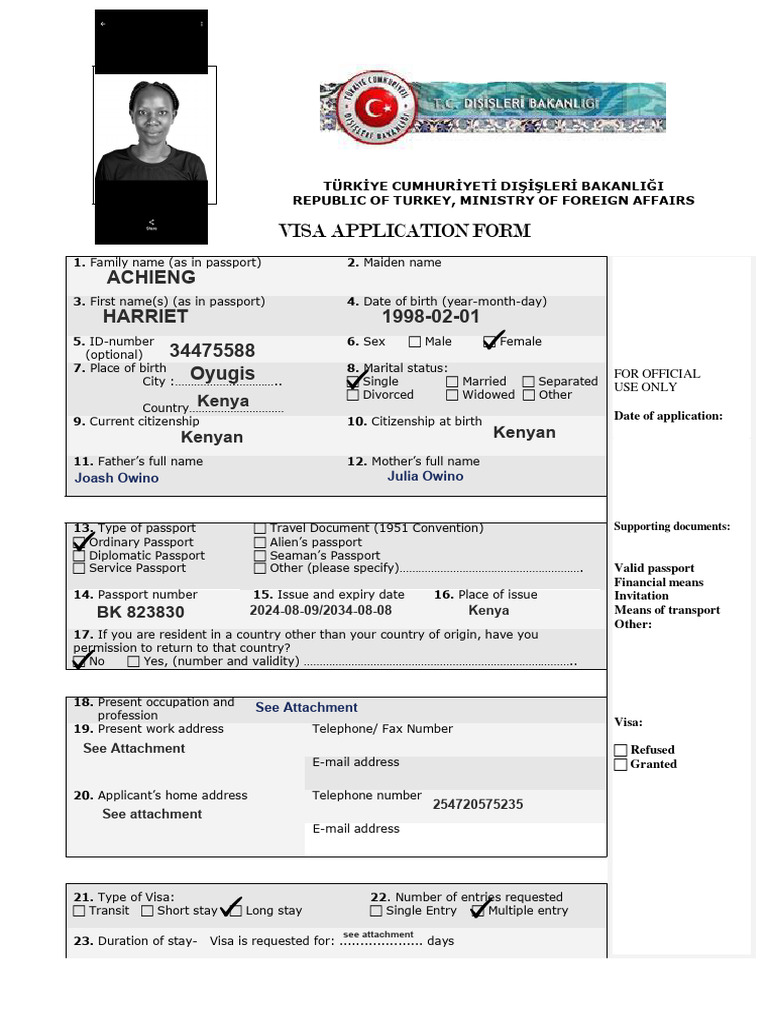 Harriet Achieng Visa-Application-form(1) (3) | PDF | Travel Visa | Passport