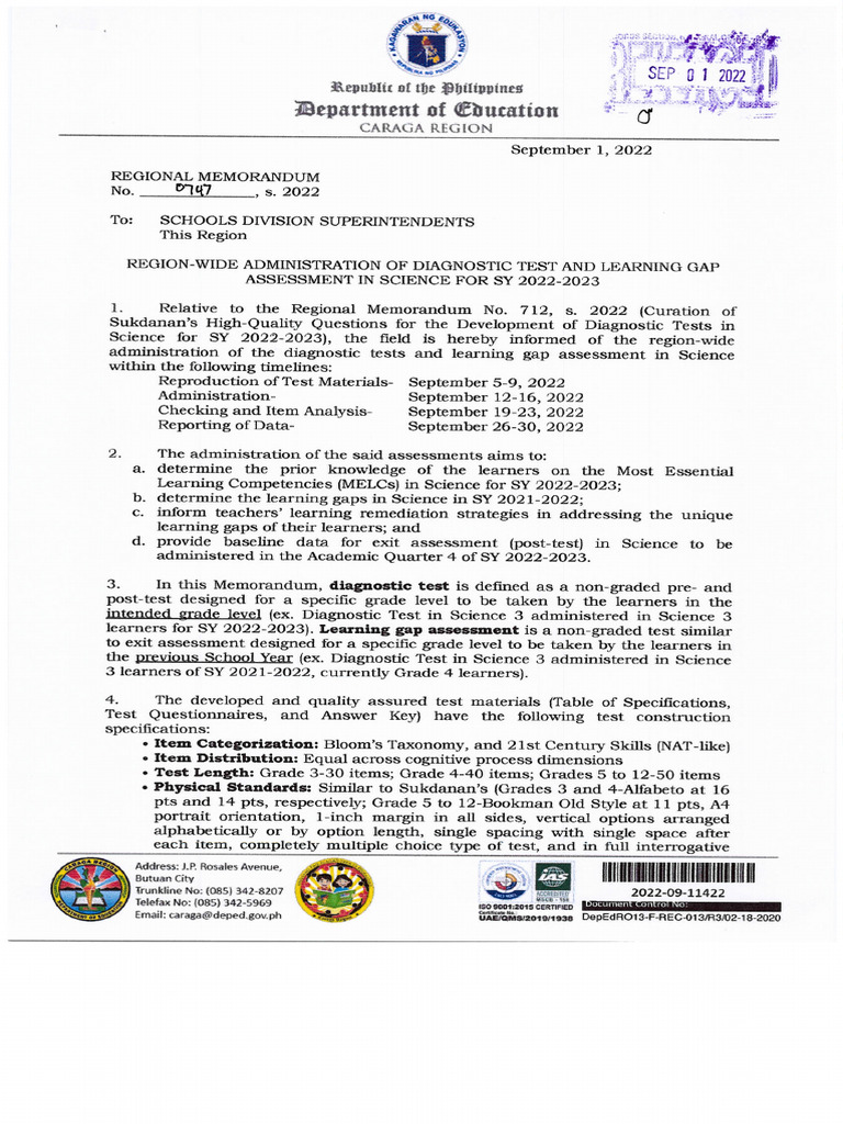 Deped Memo Caraga Diagnostics Test | PDF