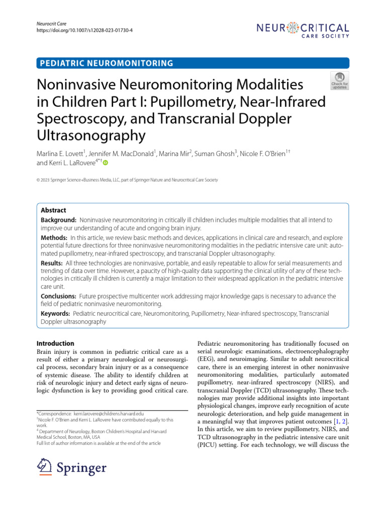 Noninvasive Neuromonitoring Modalities in Children Part I Pupillometry ...