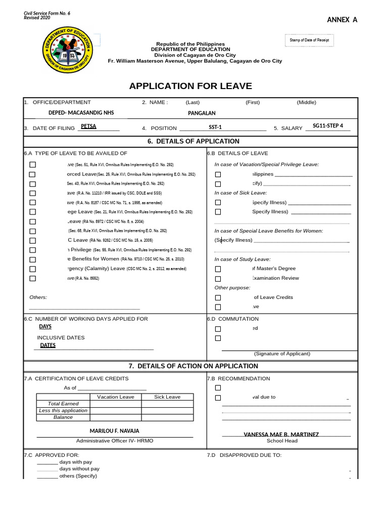 CS Form No. 6 Revised 2020 Application For Leave Fillable | PDF ...