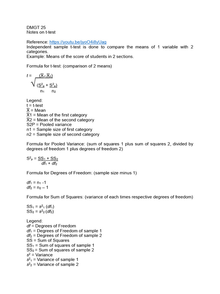 DMGT 25 Notes On Independent T-Test 2 | PDF | Student's T Test ...