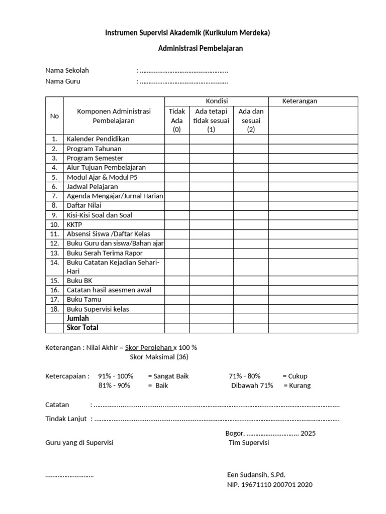 Instrumen Supervisi Administrasi Pembelajaran | PDF