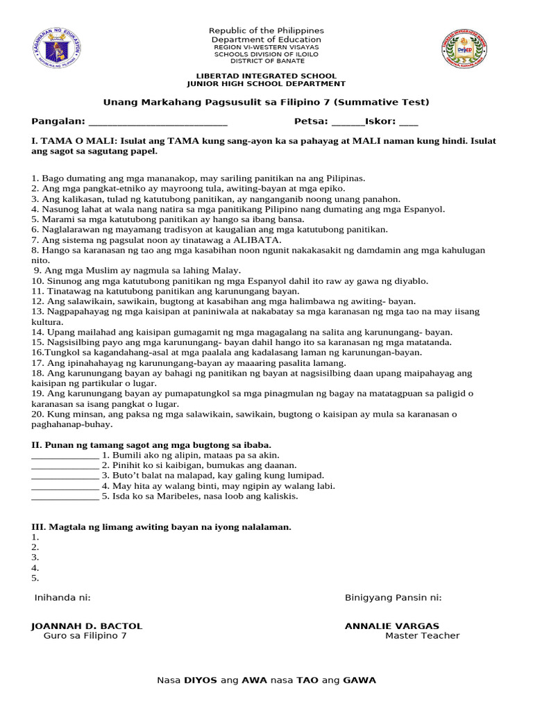 1ST Summativ Fil.7 | PDF