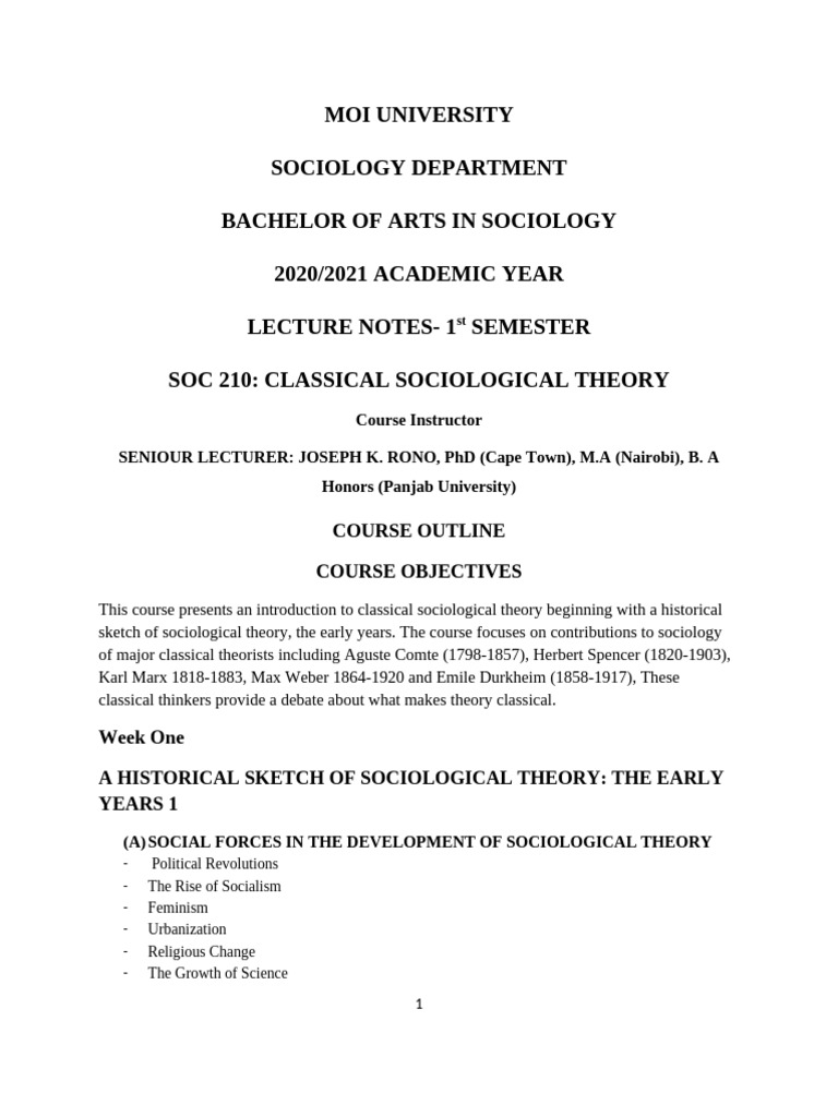 SOC 210 2023 Classical Sociological Theor Lecture Notes September ...