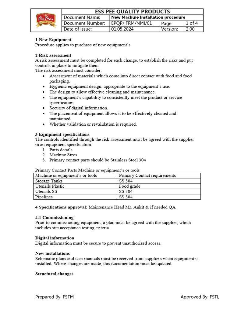 New Machine Installation Guidelines | PDF | Specification (Technical ...