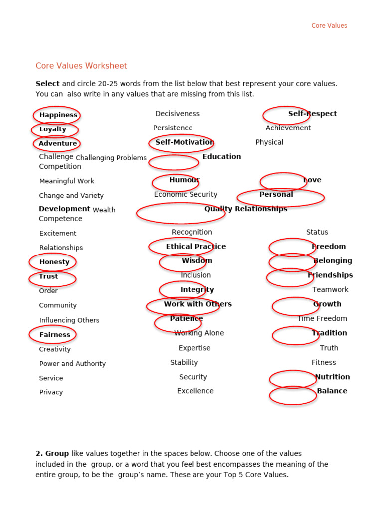 ViRTUS-Core-Values-Worksheet | PDF | Happiness | Friendship