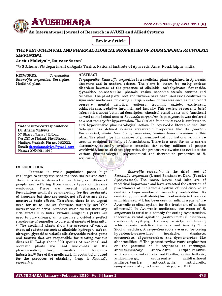 Phytochemical Properties of Sarpagandha | PDF | Hypertension | Ayurveda