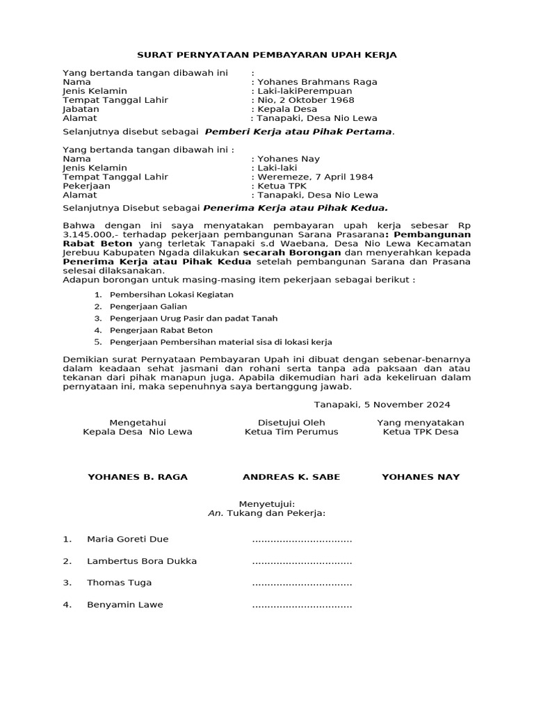Surat Pernyataan Pembayaran Upah Kerja 2024 | PDF