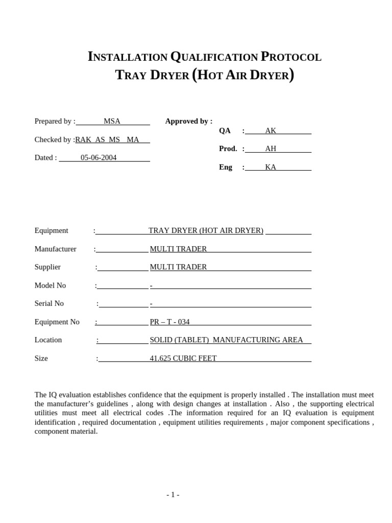 IQ Protocol & Results Hot Air Dryer-Tablet Area | PDF | Temperature ...