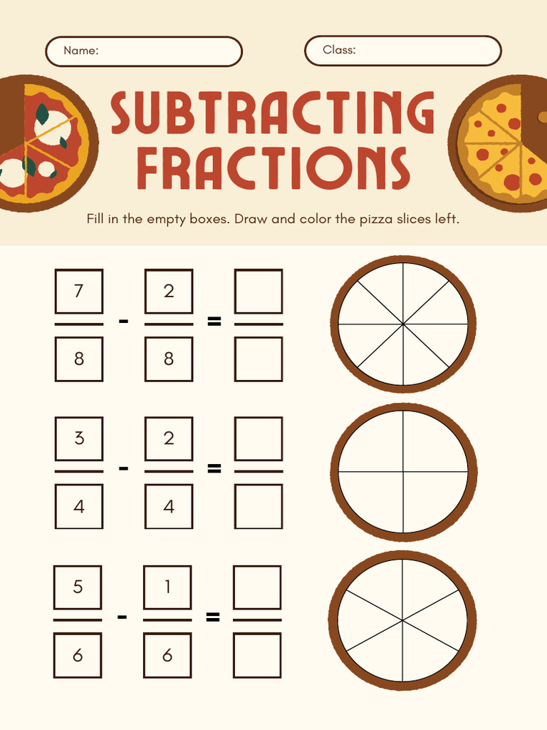Subtracting Fractions Worksheet in Brown and Red Illustrative Style | PDF