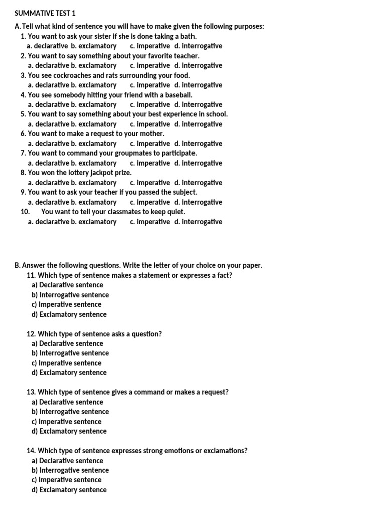 Types of Sentences Test Guide | PDF | Sentence (Linguistics) | Question