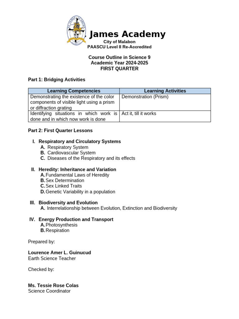 JHS Course Outline GR9 Q1 Sci | PDF