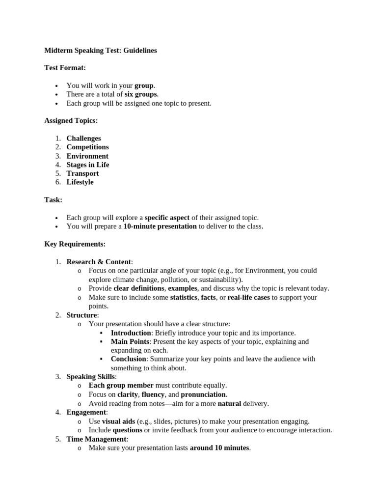 Midterm Speaking Test Guidelines Pdf Fluency Communication
