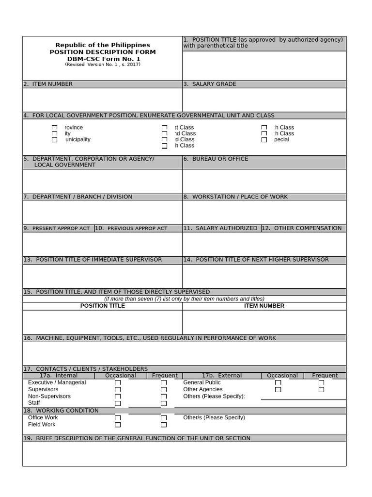 (PDF) Position Description Form DBM CSC Form No. 1 Revised 2017 | PDF ...