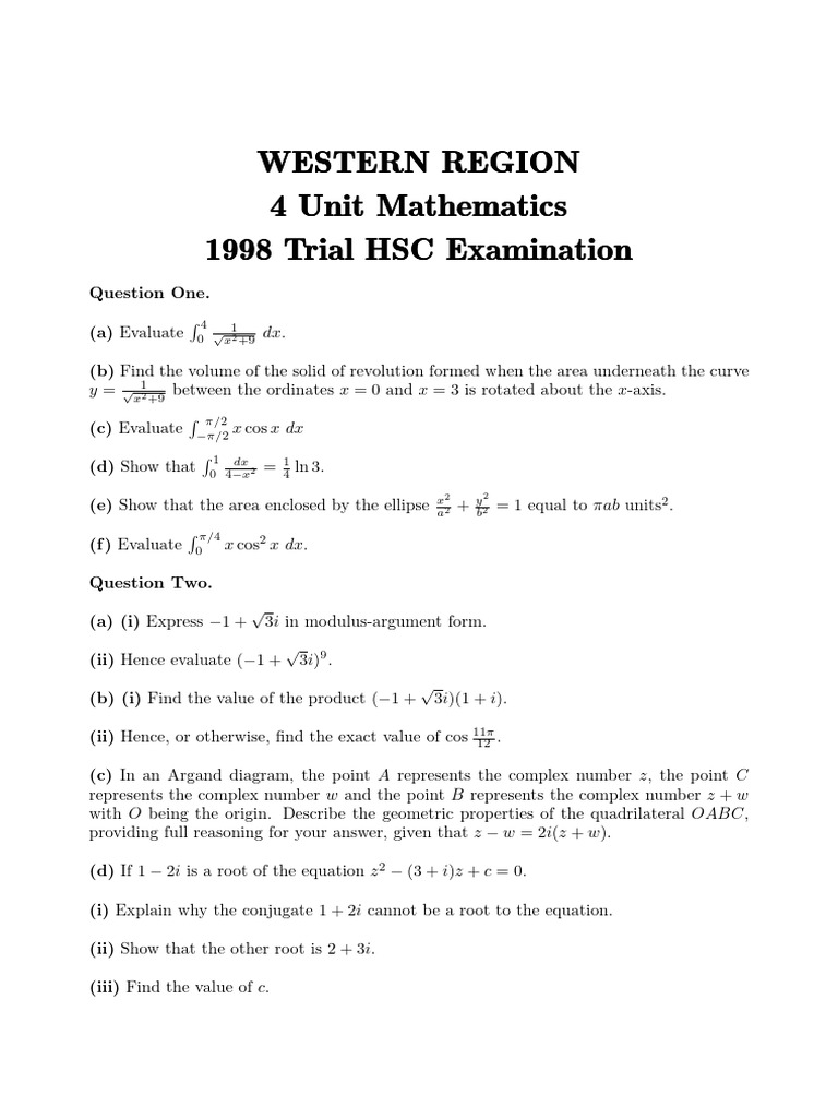 Western Region HSC Ext 2 - Trial 1998 | PDF | Ellipse | Cartesian ...