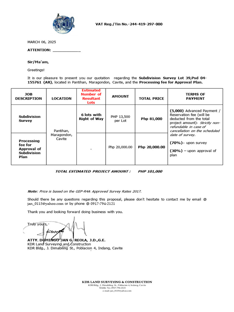 Lot 39-Quotation-Subdivision - Survey | PDF | Money | Payments