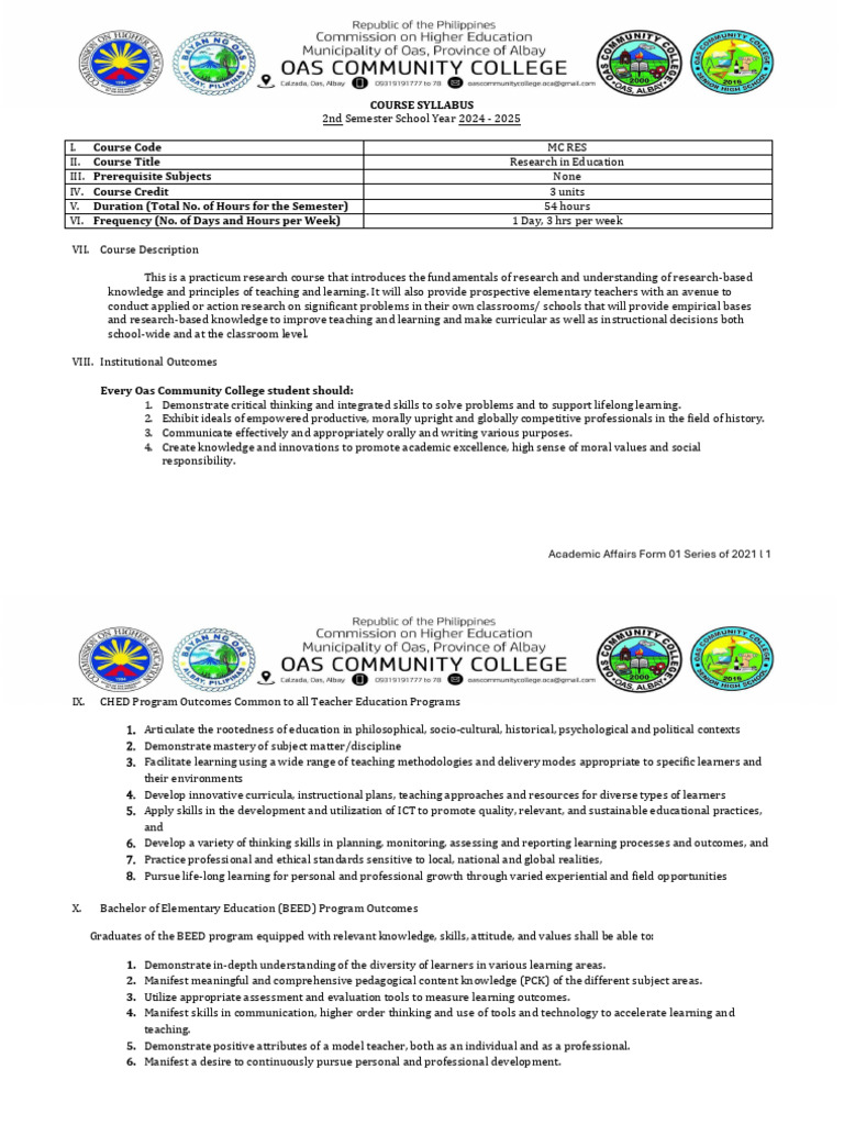Course Syllabus Occ Research in Teaching | PDF | Learning | Teachers