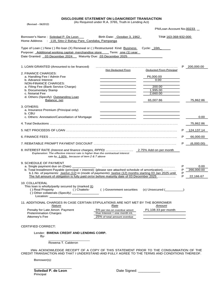 Disclosure Statement - Updated 120224 | PDF | Loans | Interest