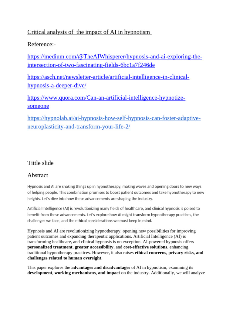 Critical Analysis of The Impact of AI in Hypnotism | PDF | Hypnosis ...