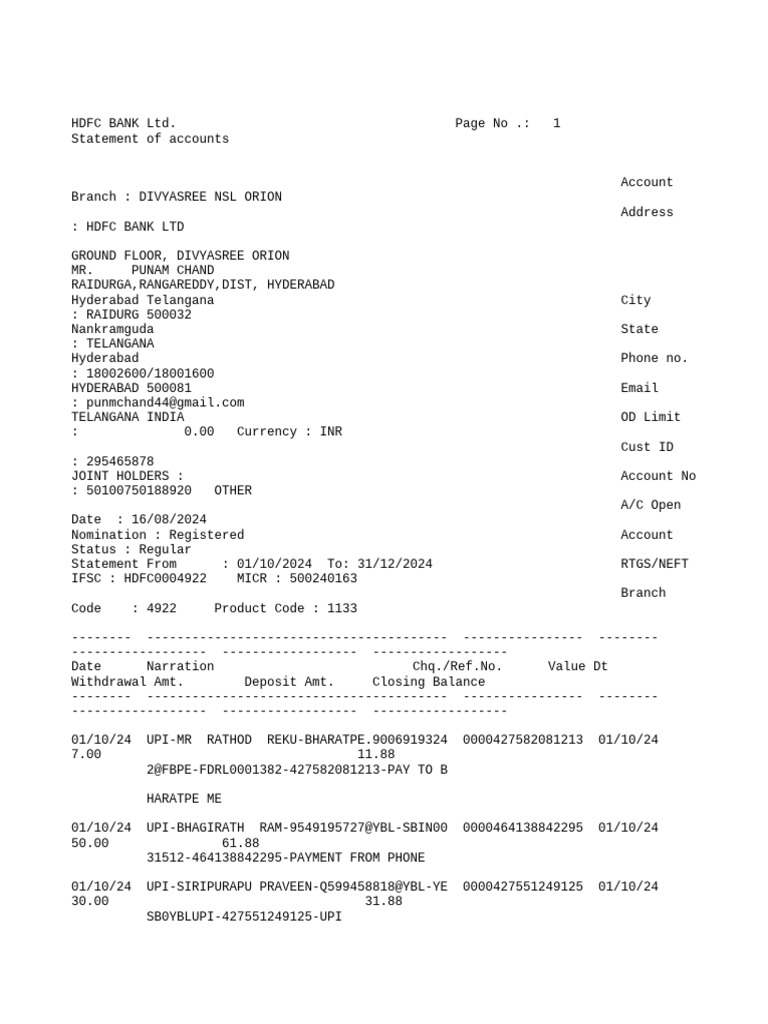 HDFC Bank Account Statement Overview | PDF | Personal Finance | Banking ...