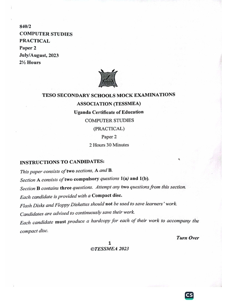 TESSMEA Mocks 2023 UCE Computer Studies Paper 2 | PDF