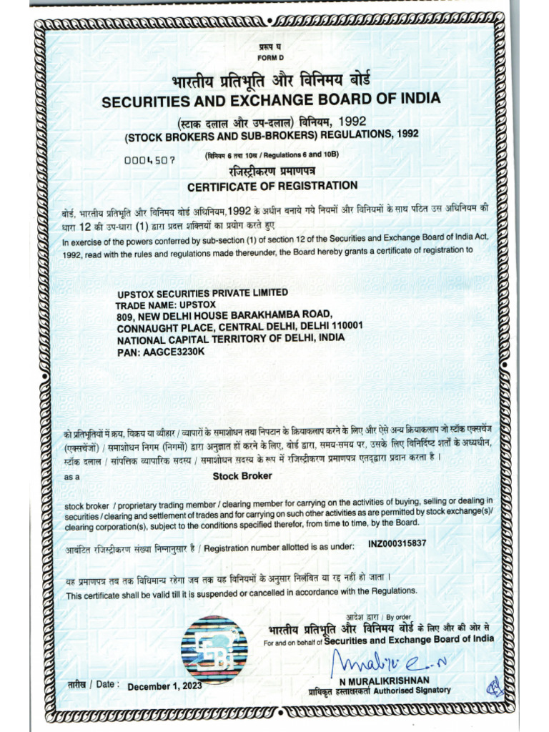 SEBI Registration certificate - UPSTOX SECURITIES (2) | PDF