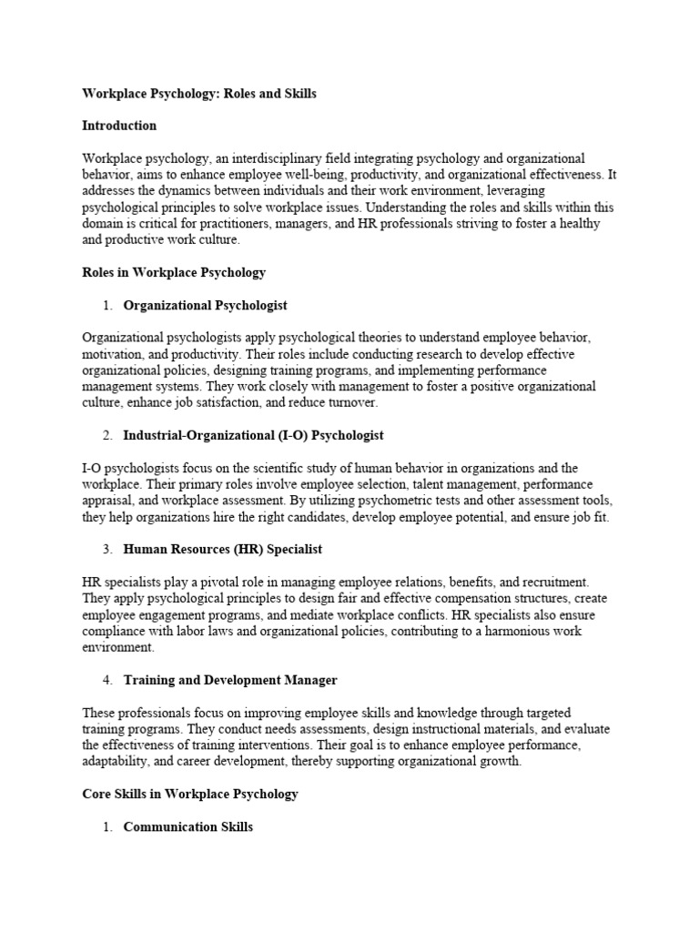 roles and skills in workplace psychology | PDF | Industrial And ...