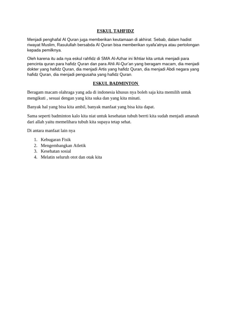 Eskul Tahfidz Dan Badminton | PDF