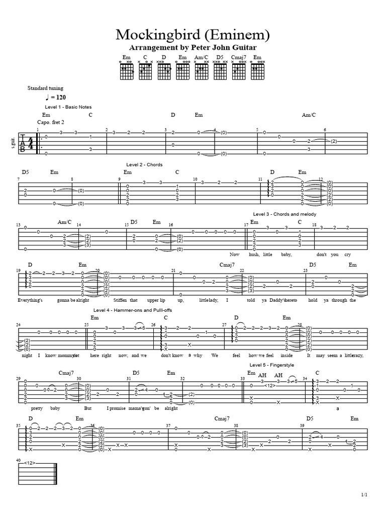 Mockingbird (Eminem) (Peter John Arrangement) - Tabs Only | PDF ...