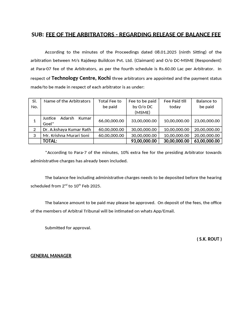 Approval For Payment of Fees To Arbitrators | PDF