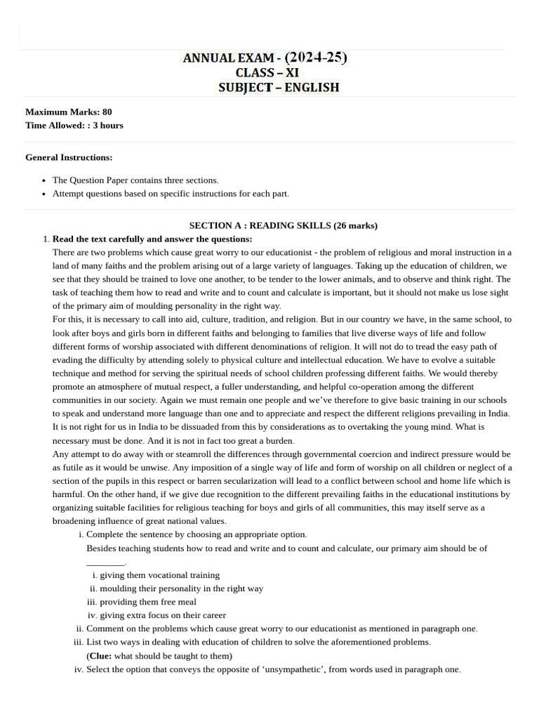 Class - Xi English Question Paper | PDF | Plastic | Faith