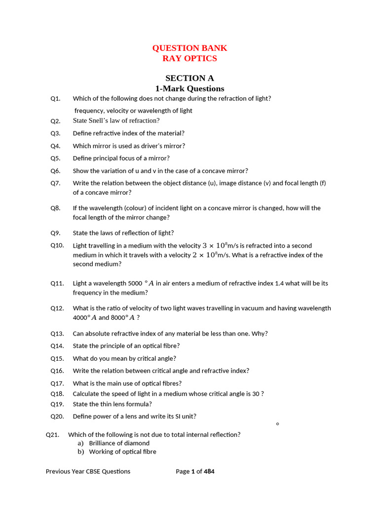 QUESTION BANK | PDF | Refractive Index | Refraction