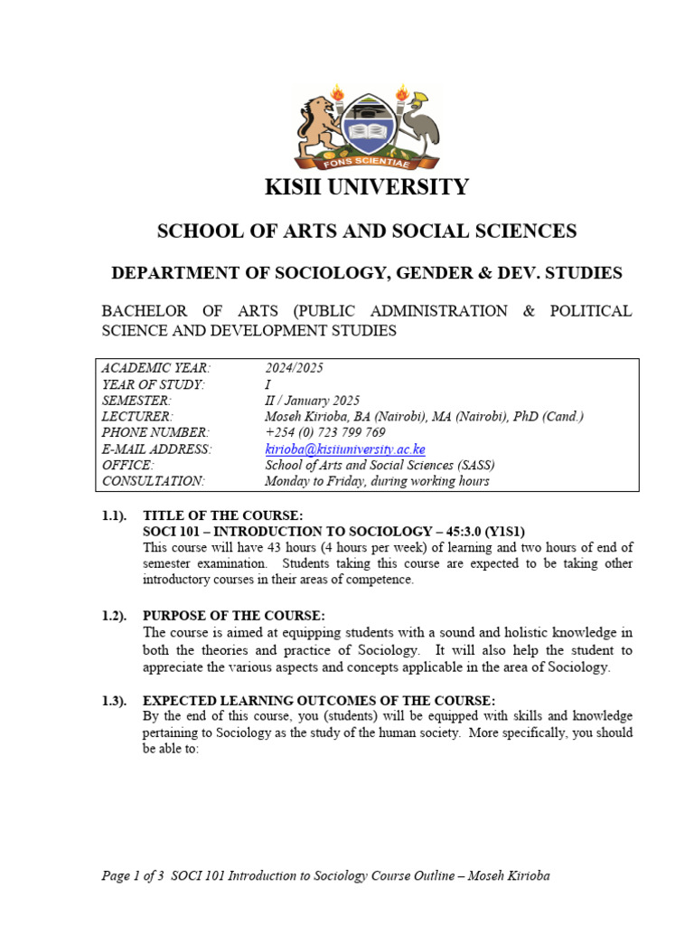 SOCI 101 Course Outline 2024/2025 | PDF | Sociology | Social Sciences