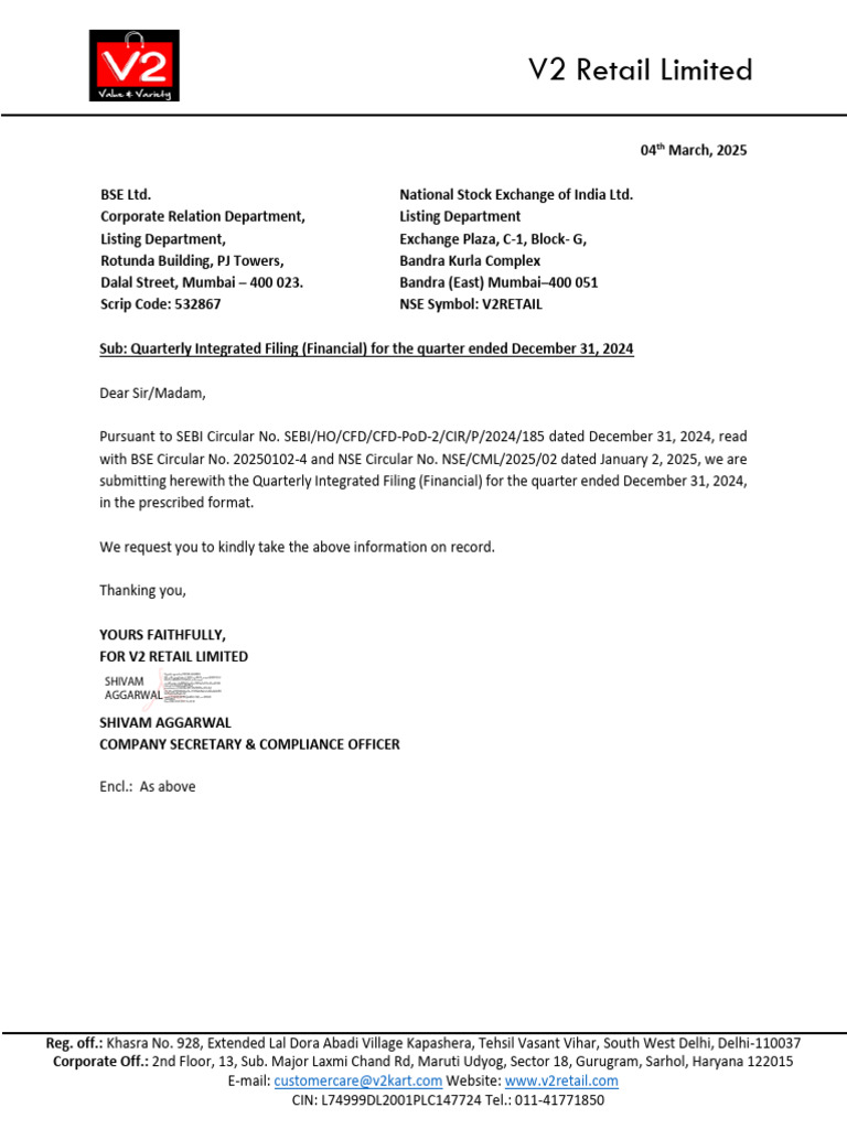 V2 Retail Limited: Encl.: As Above | PDF | Income Statement | Audit