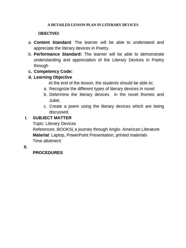 A Detailed Lesson Plan in Literary Devices in Poetry | PDF | Lesson ...