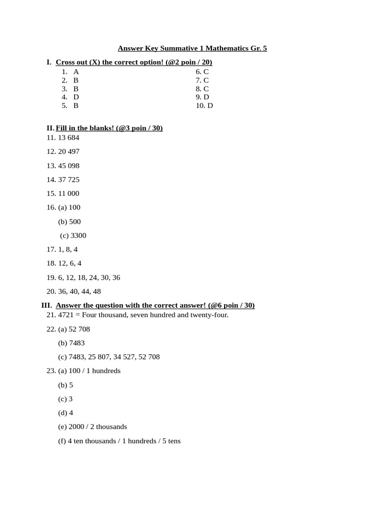 Gr. 5 Mathematics Summative Answer Key | PDF