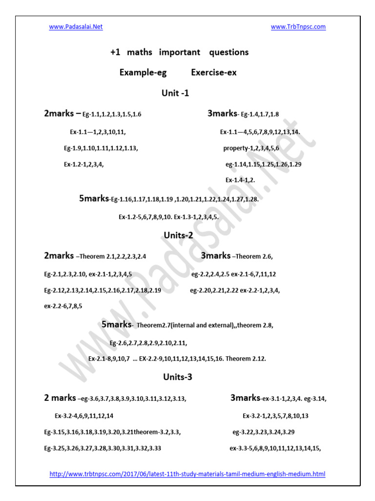 11 Maths Important Questions | PDF
