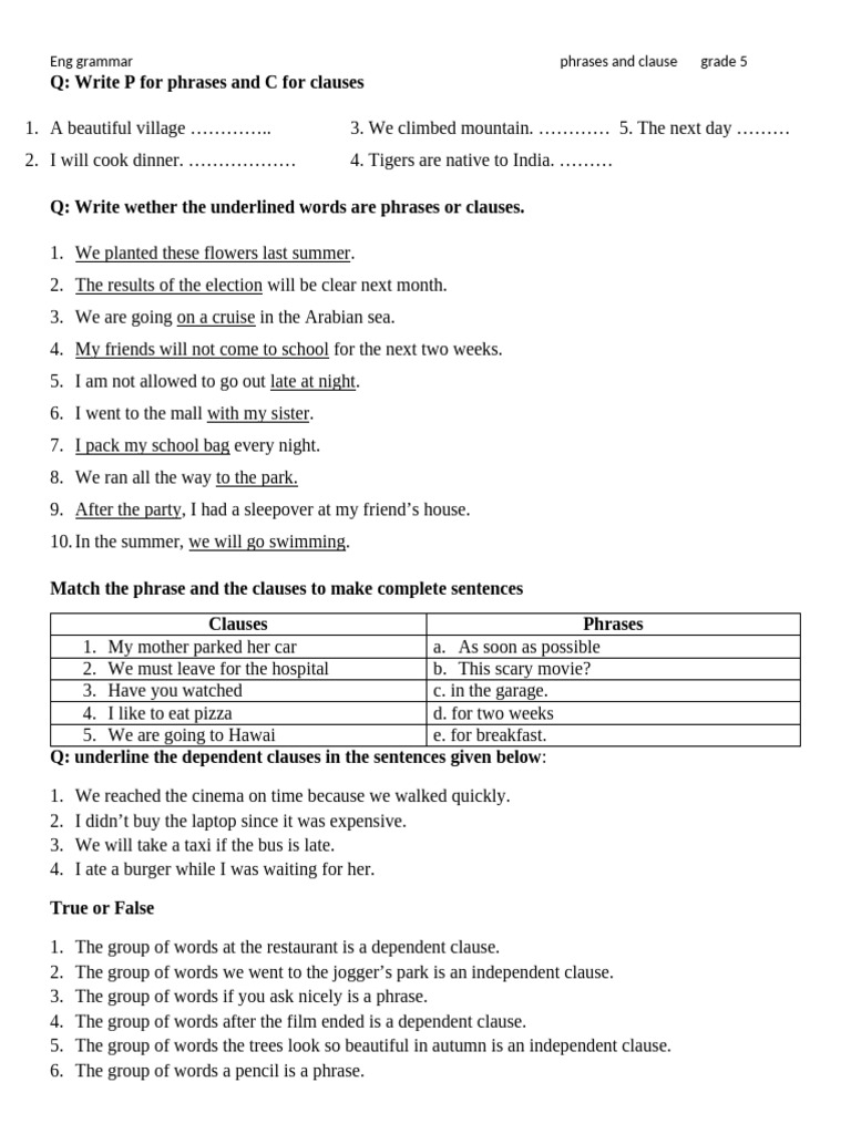 Worksheet For Phrases and Clauses | PDF | Phrase | Clause